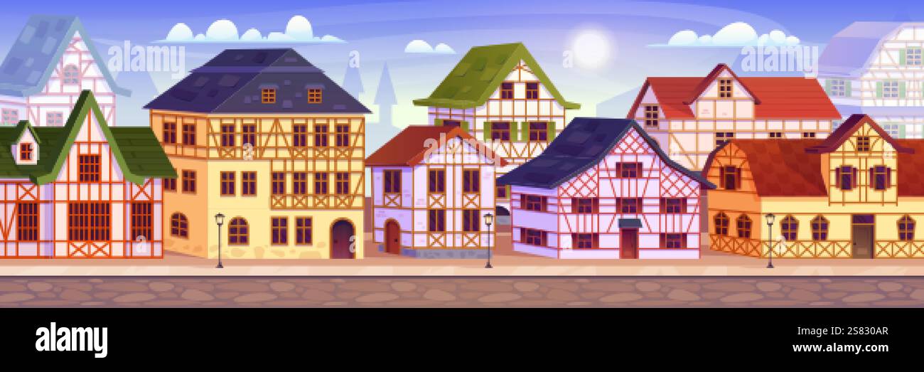 German village street. Medieval half timber houses vintage victorian ...
