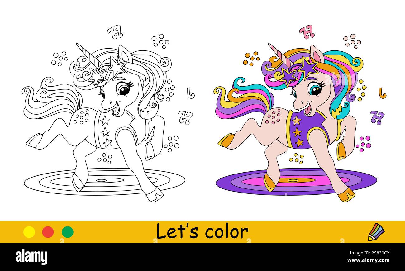 Cute cartoon musical unicorn with notes coloring page with color sample ...