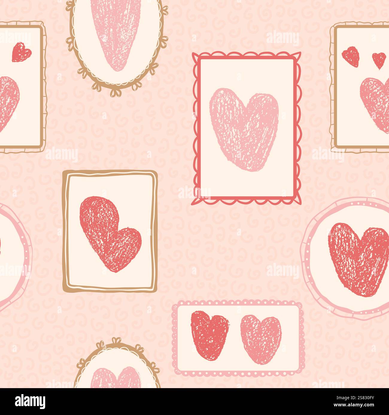 Hearts crayon drawn seamless pattern. Valentines day rectangular and ...