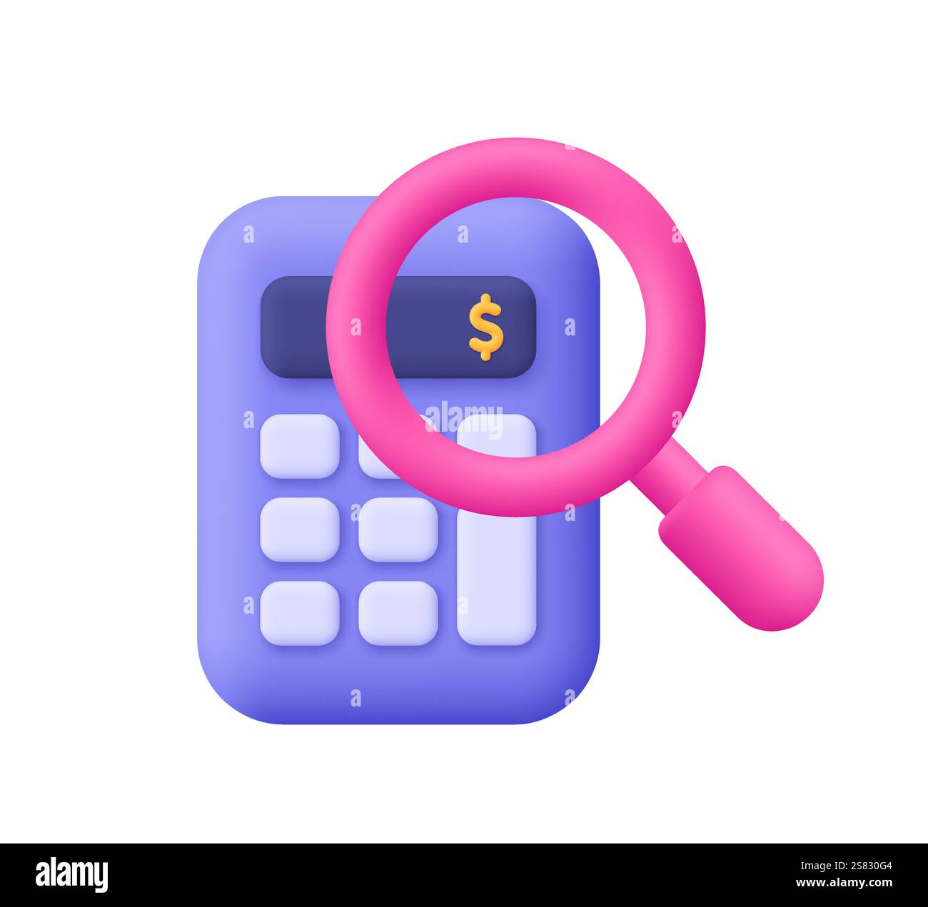 Calculator with magnifying glass loupe and dollar sign. Financial ...