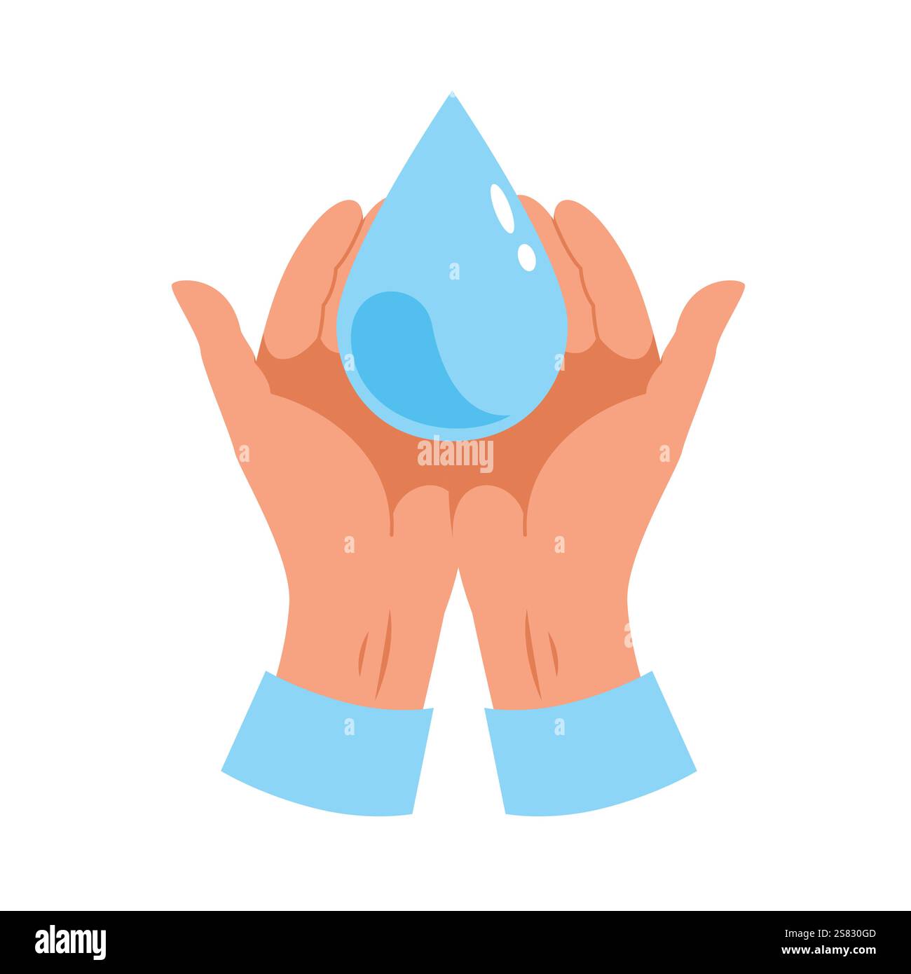 Hands holding drop water. Environment protection. Blue purity clean ...
