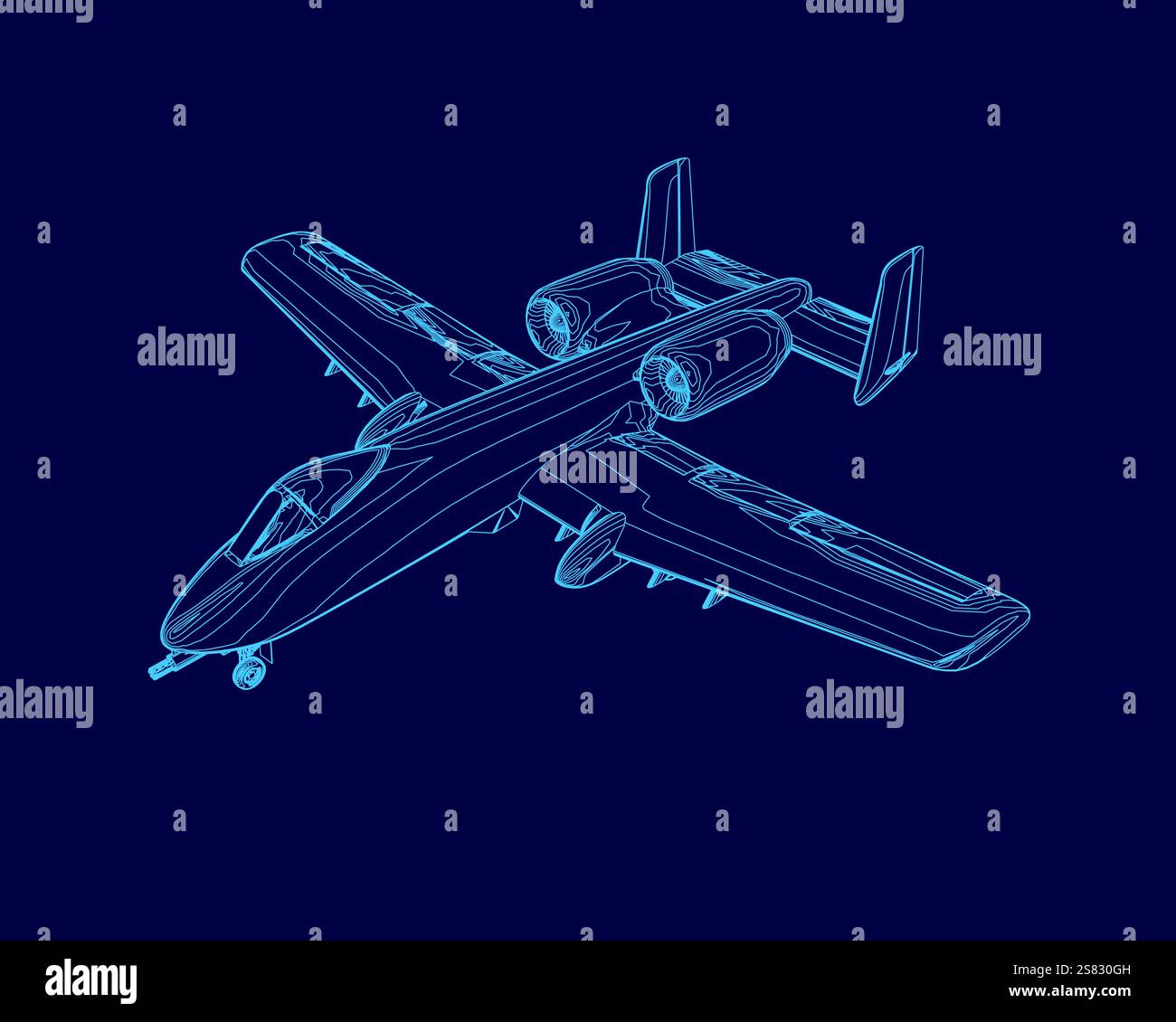 Blue airplane is shown in a blue background. The airplane is a fighter ...