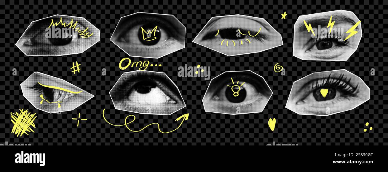 Set of halftone eyes with doodle elements. y2k collage design. Modern ...