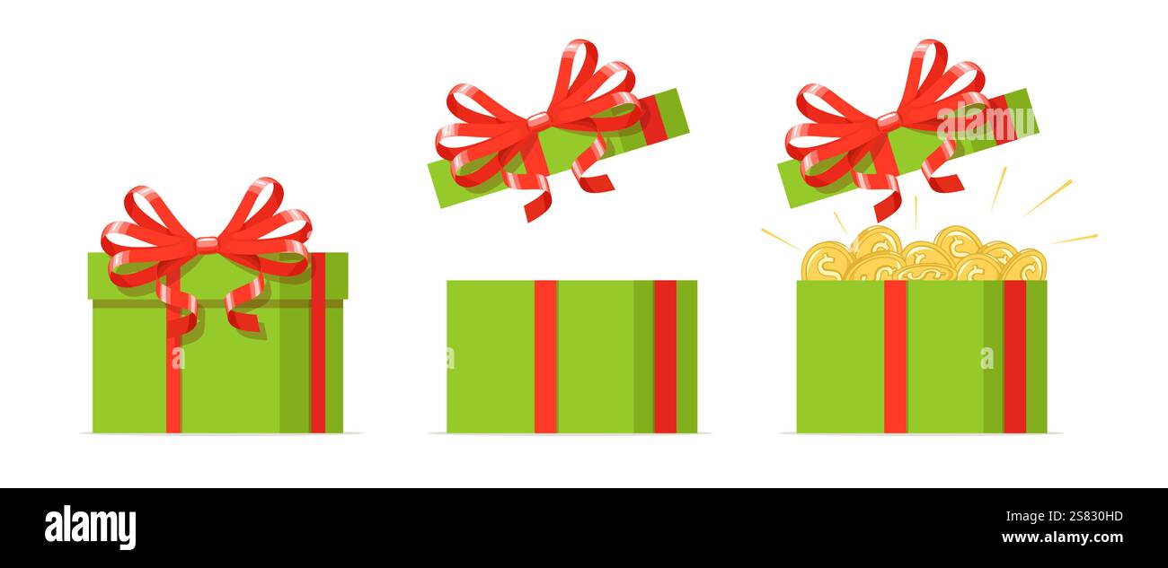 Gift box of gold coins. Open and close wrapped box, empty and full of ...