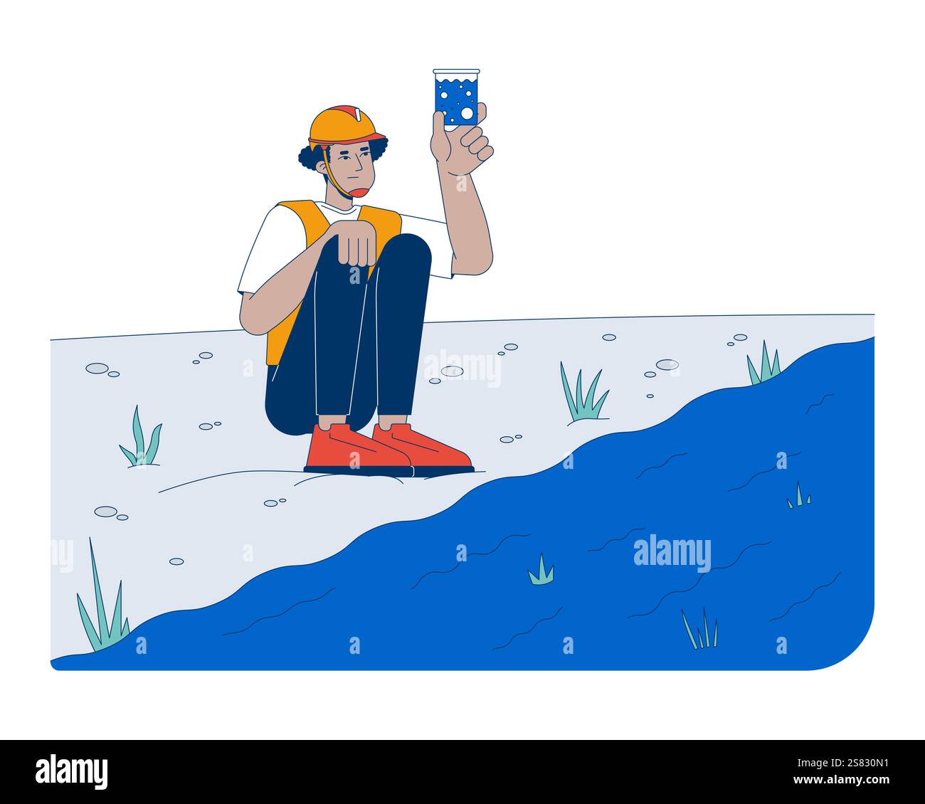 Field worker testing river water quality cartoon flat illustration ...