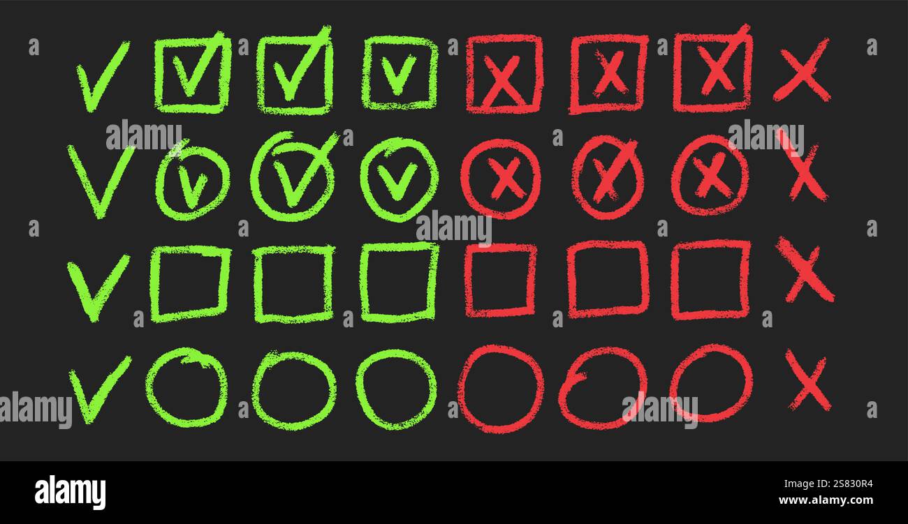 Set of checkboxes. Tick and check marks pack. Cross and v sign pencil drawn. Correct and wrong ...