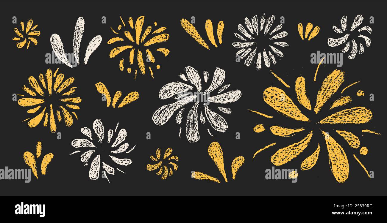 Firework in crayon style set. Party firecrackers and splashes scribble ...