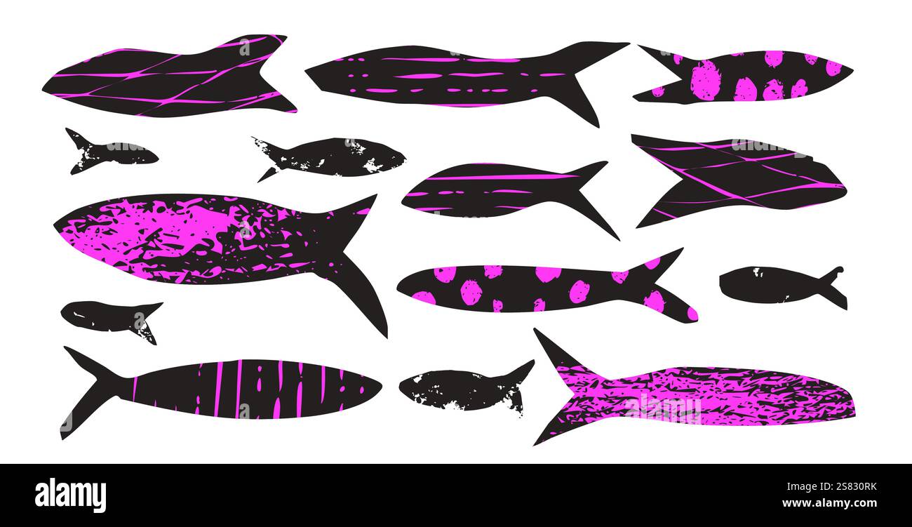 Fish textured set. Sardines school collection. Salmon silhouettes ...