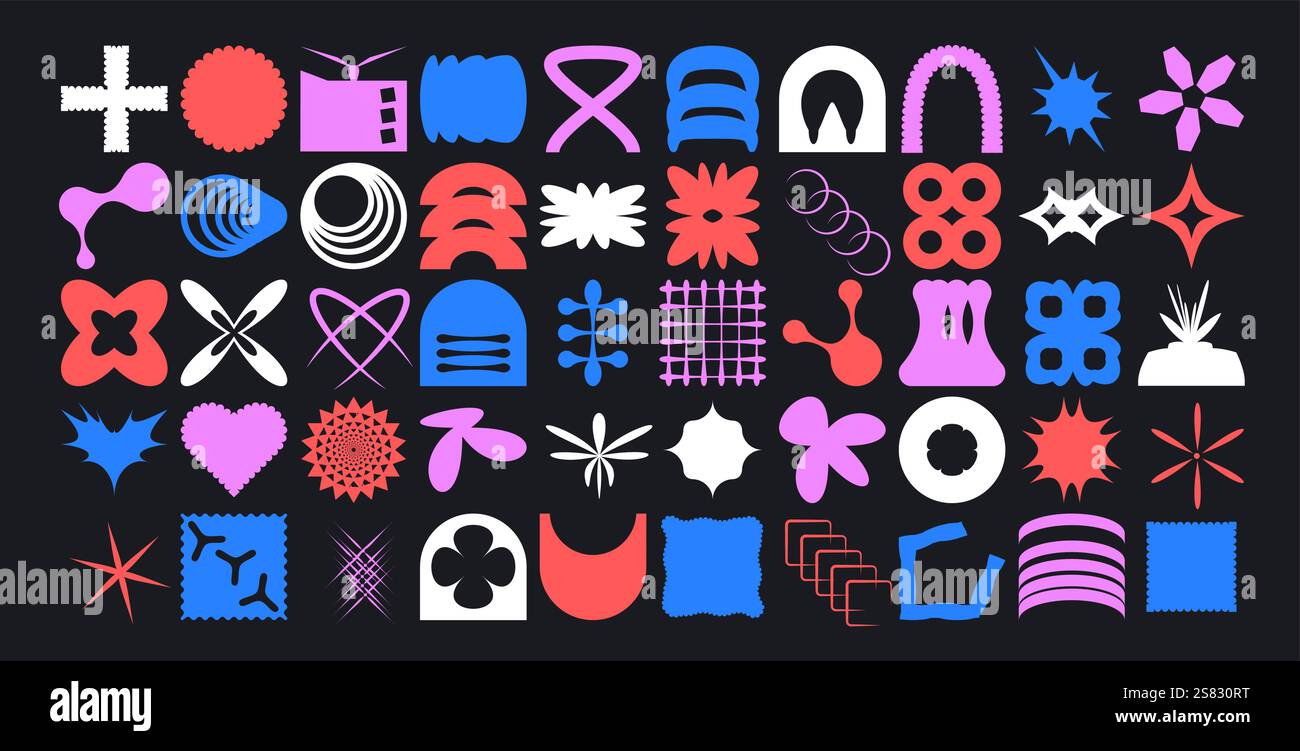 Geometric shapes set. Brutalist figures pack. Retro y2k forms. Simple graphic distortion ...