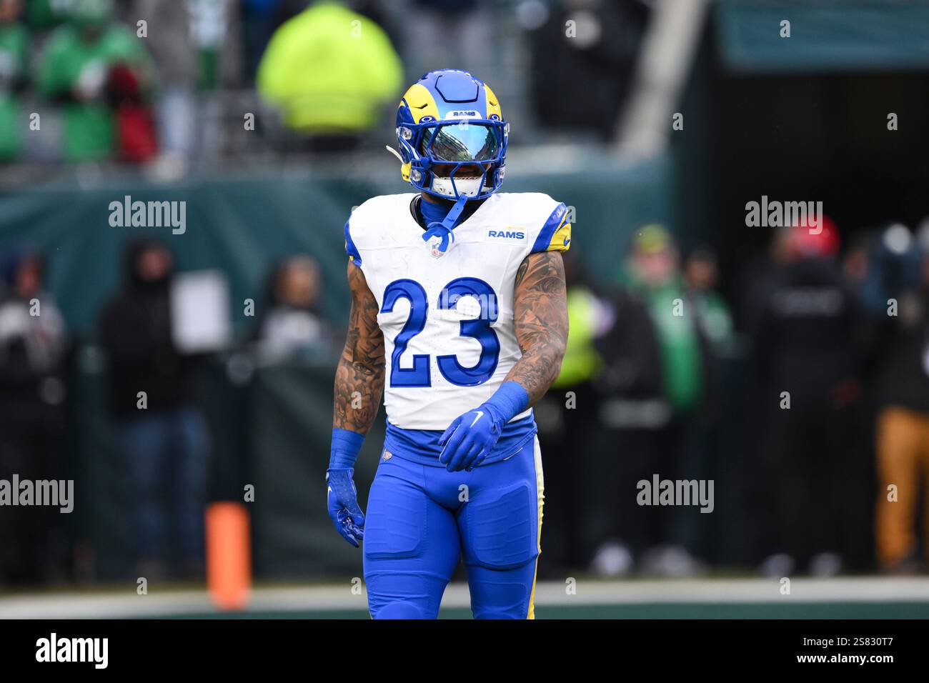 Los Angeles Rams running back Kyren Williams (23) looks on during pre ...
