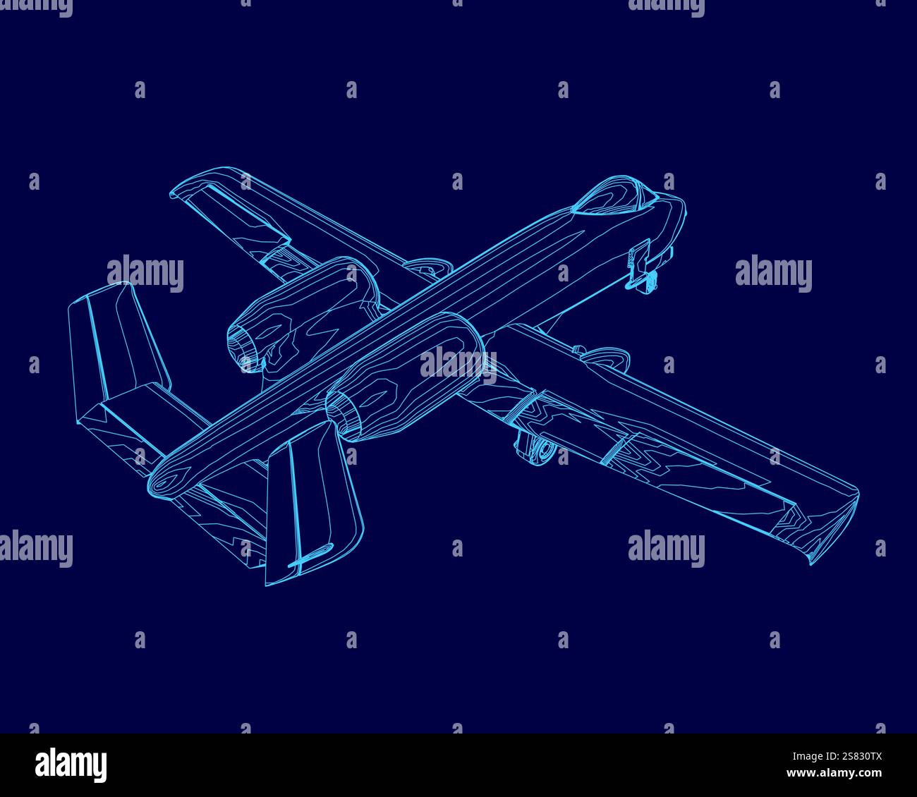 Blue airplane is shown in a blue background. The airplane is a fighter ...