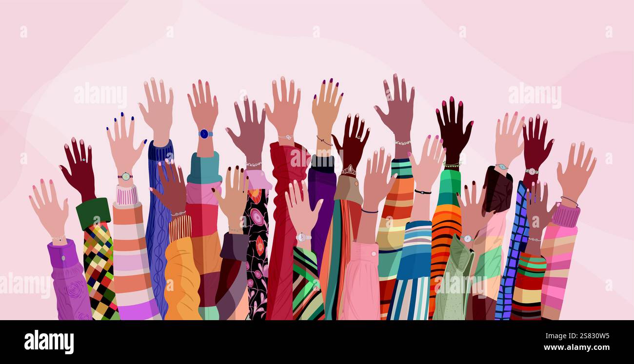Raised hands of group multicultural women. Diversity - inclusion ...