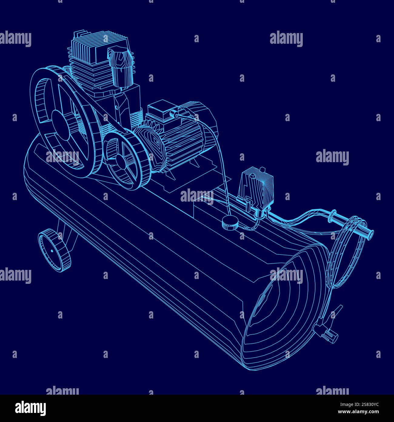 Blue drawing of a compressor. The compressor is shown in a 3D format ...