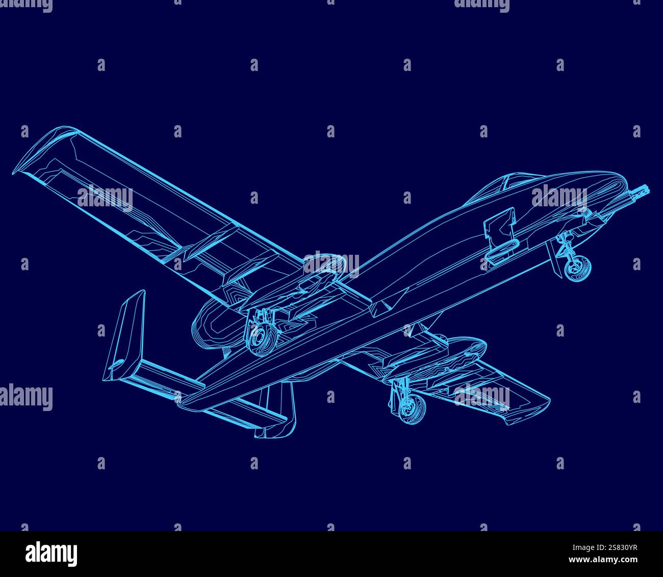Blue airplane is flying in the sky. The image is a stylized drawing of ...
