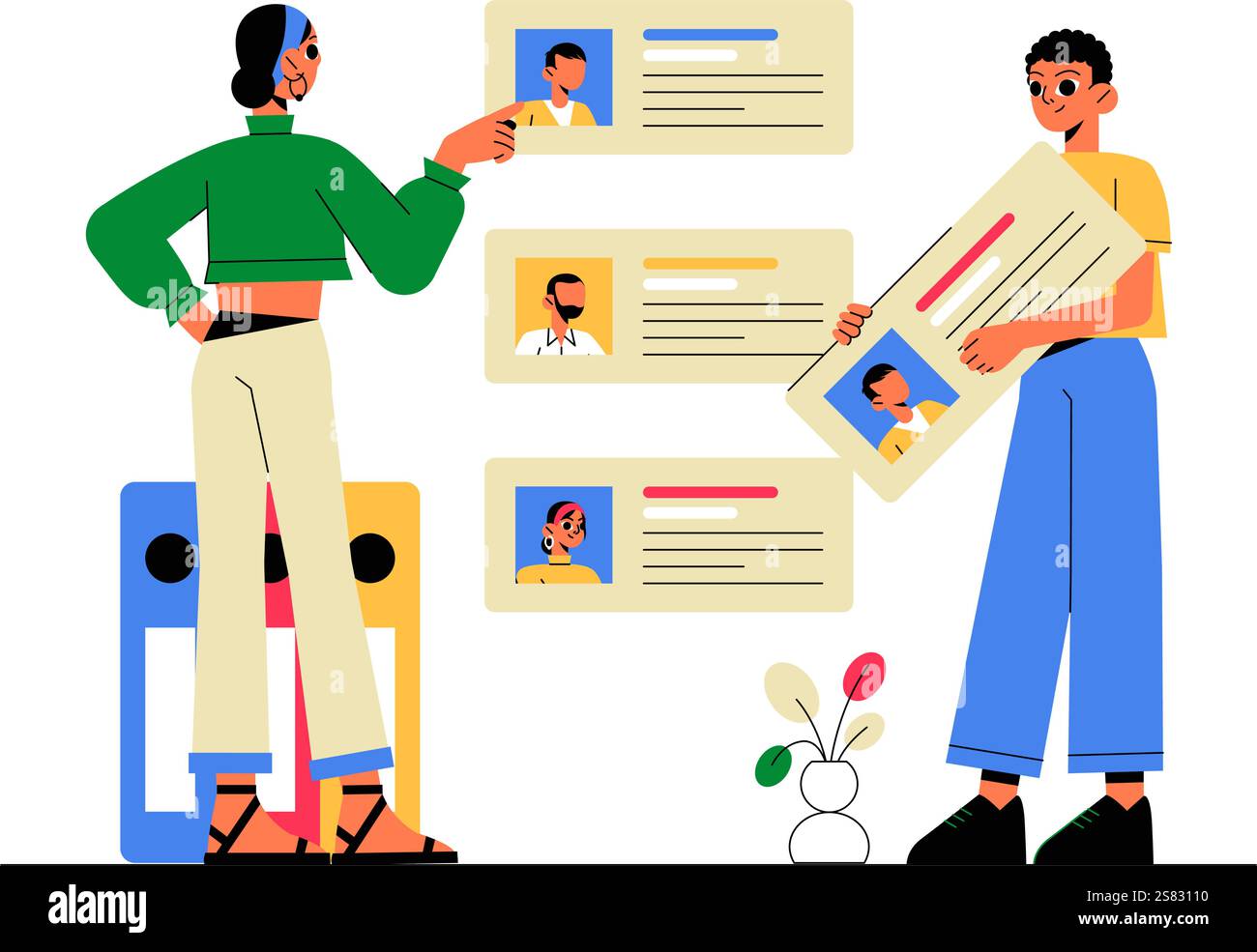 Two Professionals Reviewing Candidate Profiles In Flat Vector Illustration Symbolizing ...