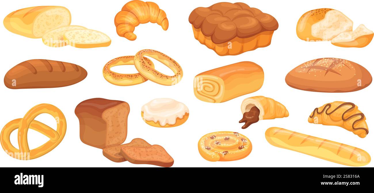 Cartoon bakery products. Bread whole loaf and cut slices, pastry food ...