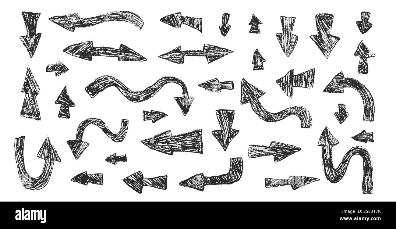 Arrow set crayon drawing. Chalk handwritten symbols. Pointers by pencil ...