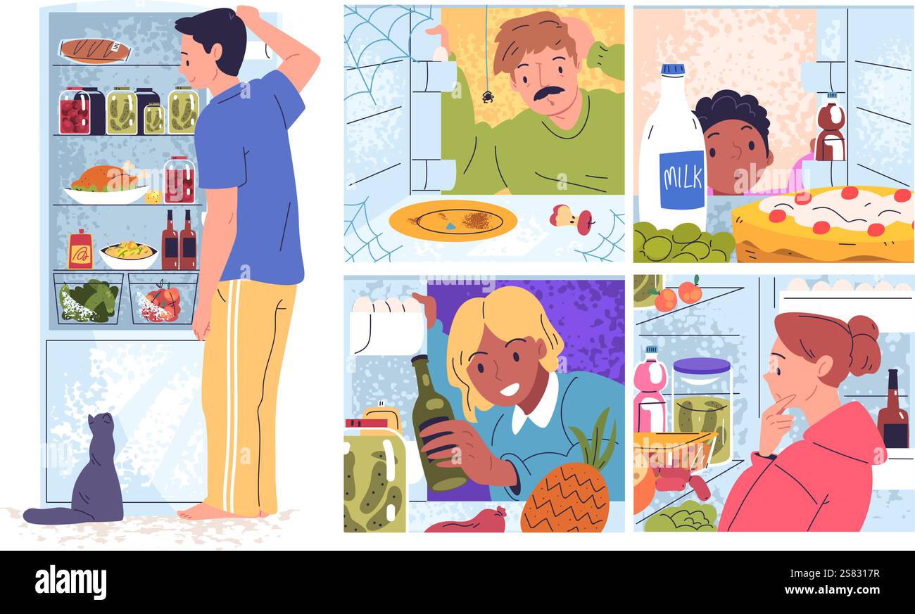 People inside fridge. Man looking food in open empty refrigerator ...
