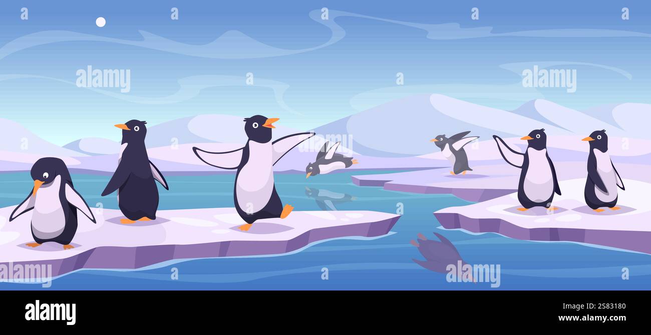 Penguins. Arctic background polar pole with wild happy animals exact ...