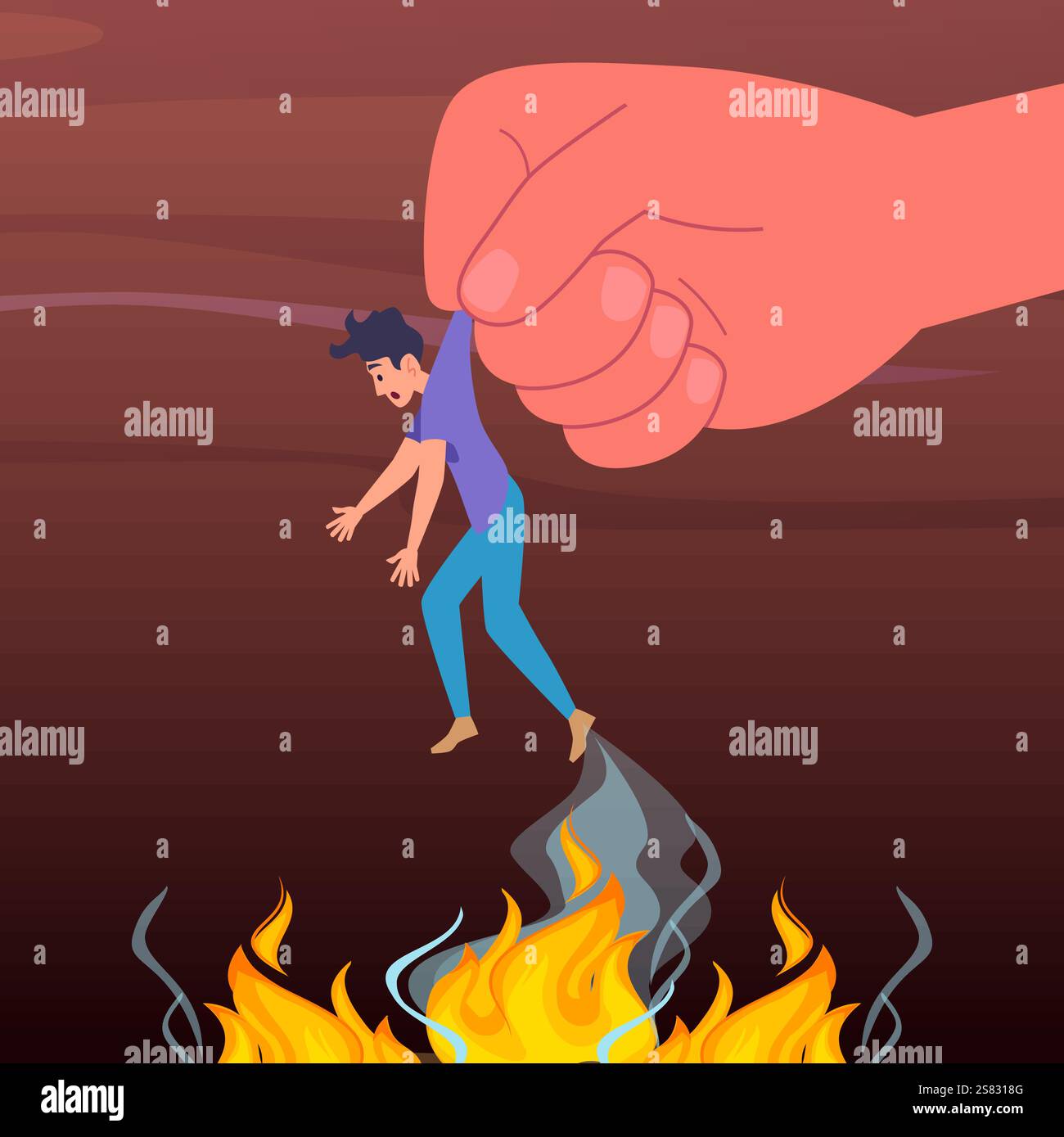 people in fire. hand holding person on fire flames. Vector conceptual ...