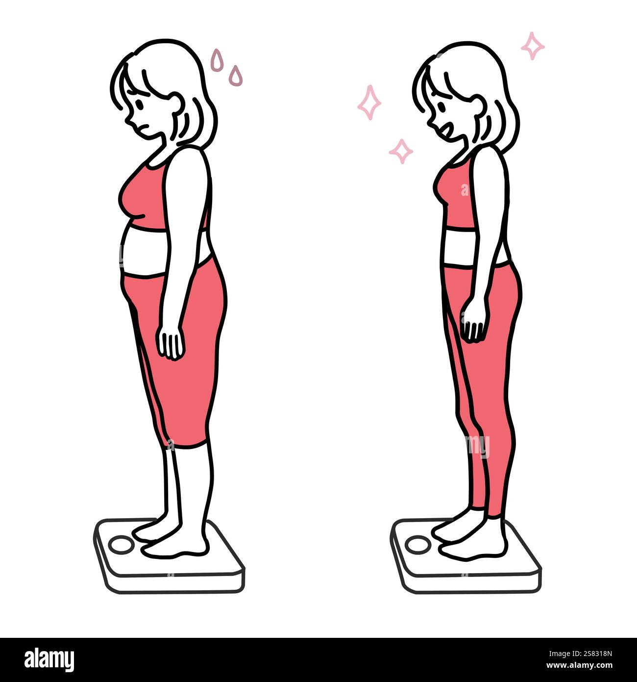 Minimalist duotone illustration of a young woman standing on the scale ...