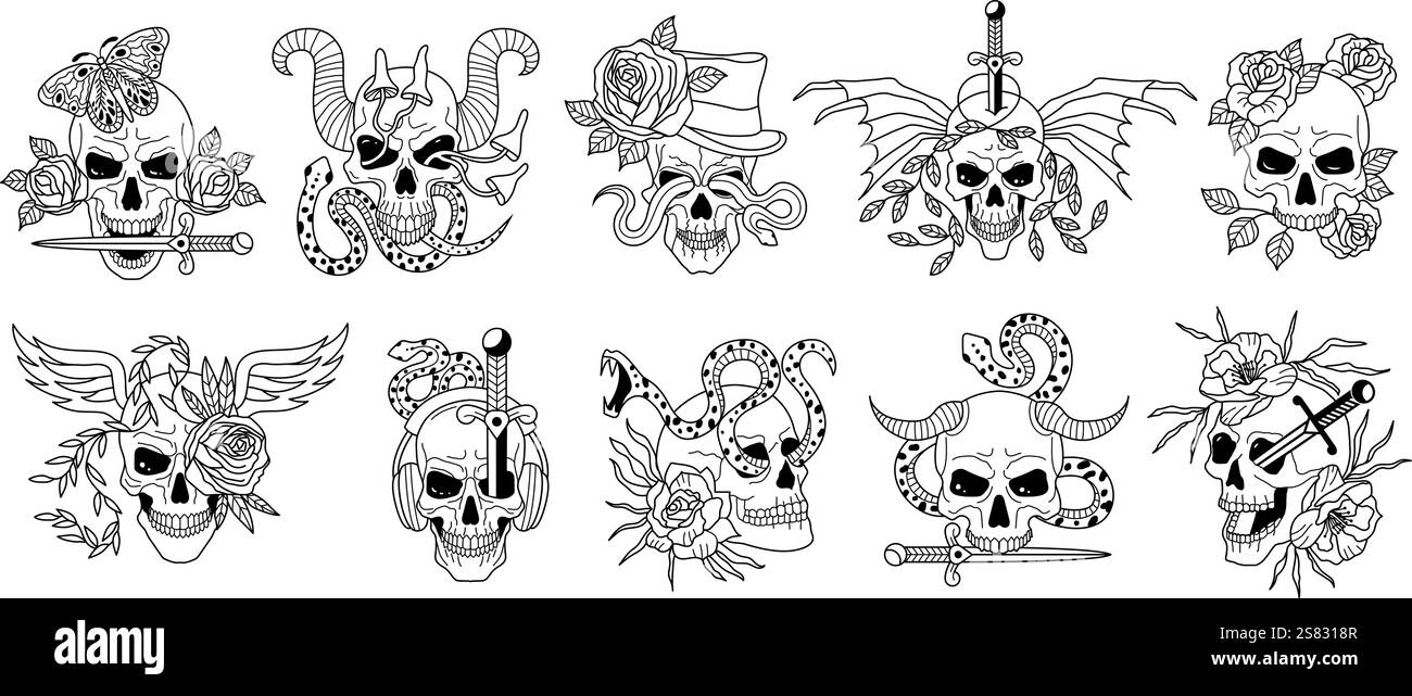Creepy skull. Death symbols skull tattoo illustrations recent vector ...