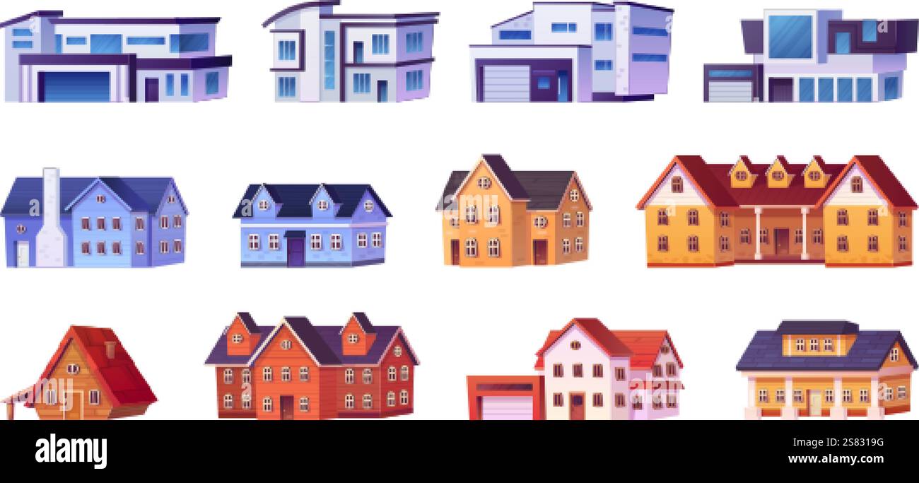 Cartoon suburban houses. American suburb house, modern cottage housing ...