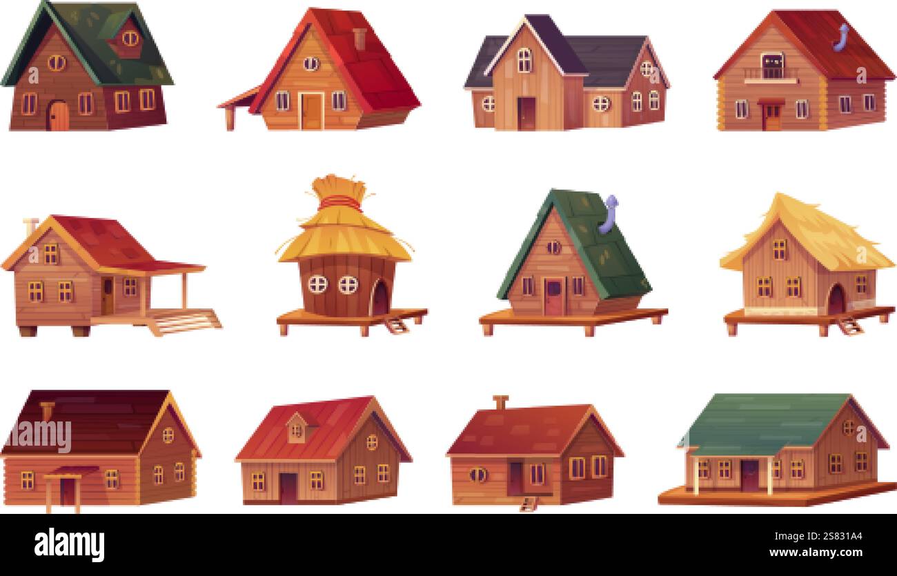 Cartoon wooden cabins. Wood log houses, mountain chalet travel hotel ...
