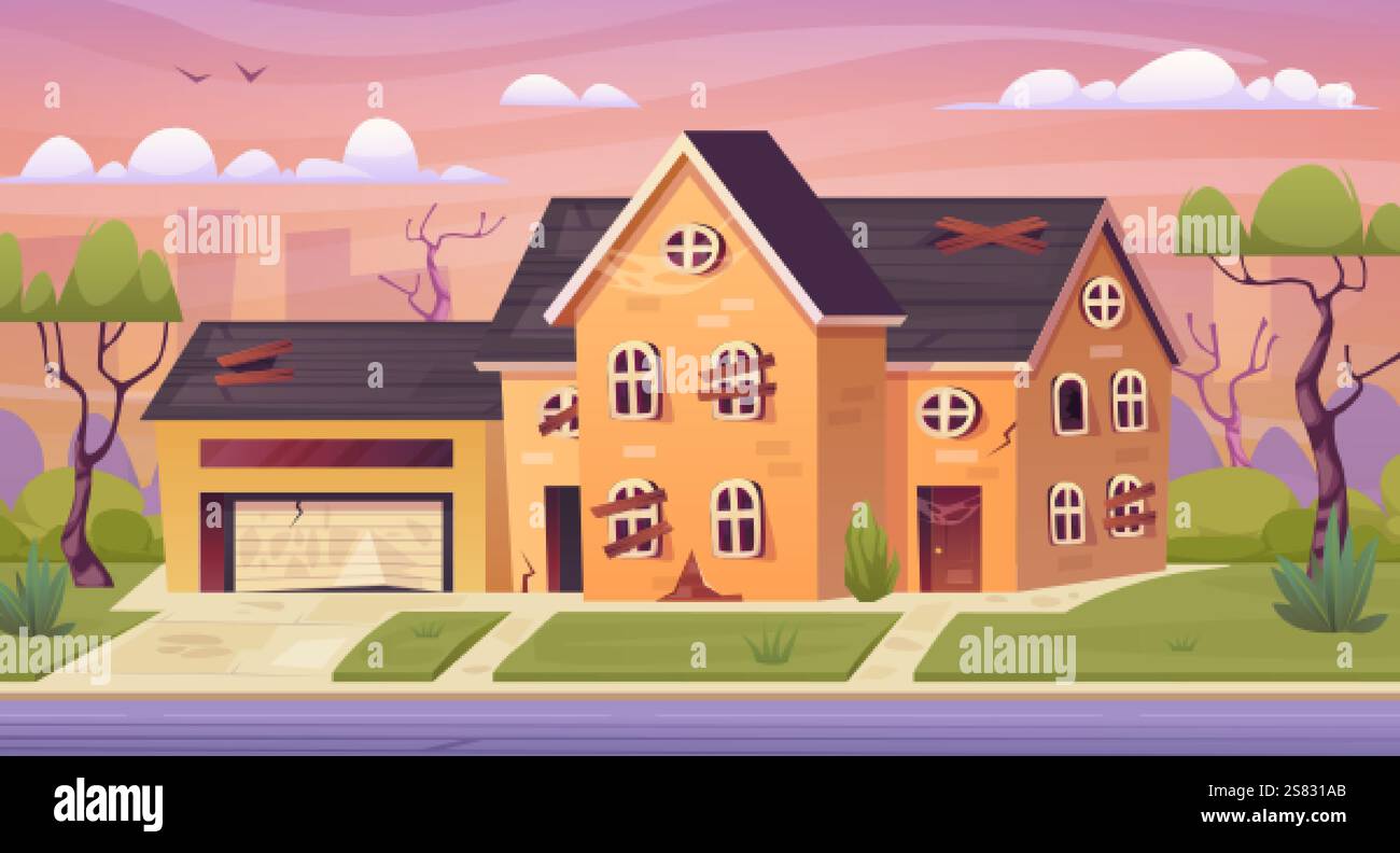 Abandoned cottage. Old dilapidated suburban house, broken mansion ...