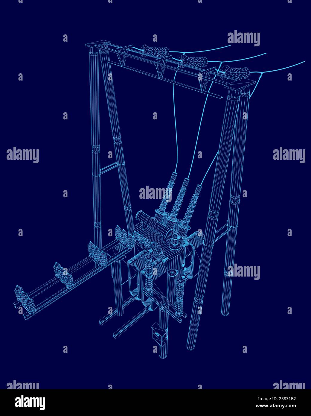 Blue drawing of a power line. The drawing is in blue and is very ...