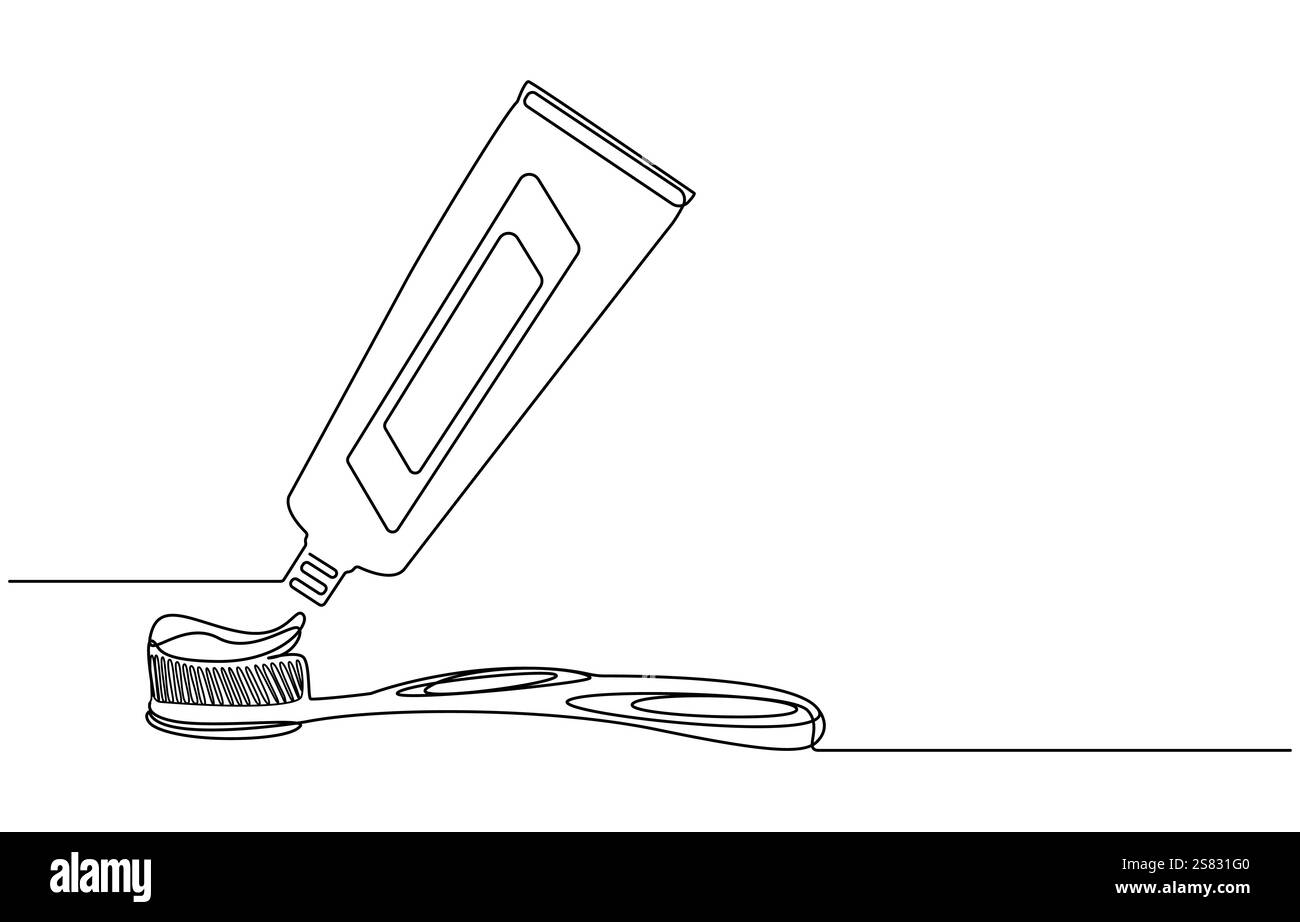 Continuous one line drawing of toothbrush and toothpaste, one line art ...