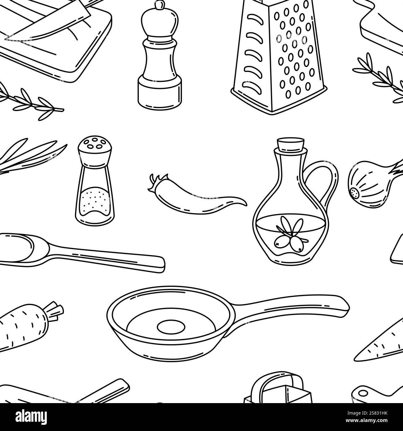 Pattern with kitchen utensils. Cooking tools for home and recipe items ...