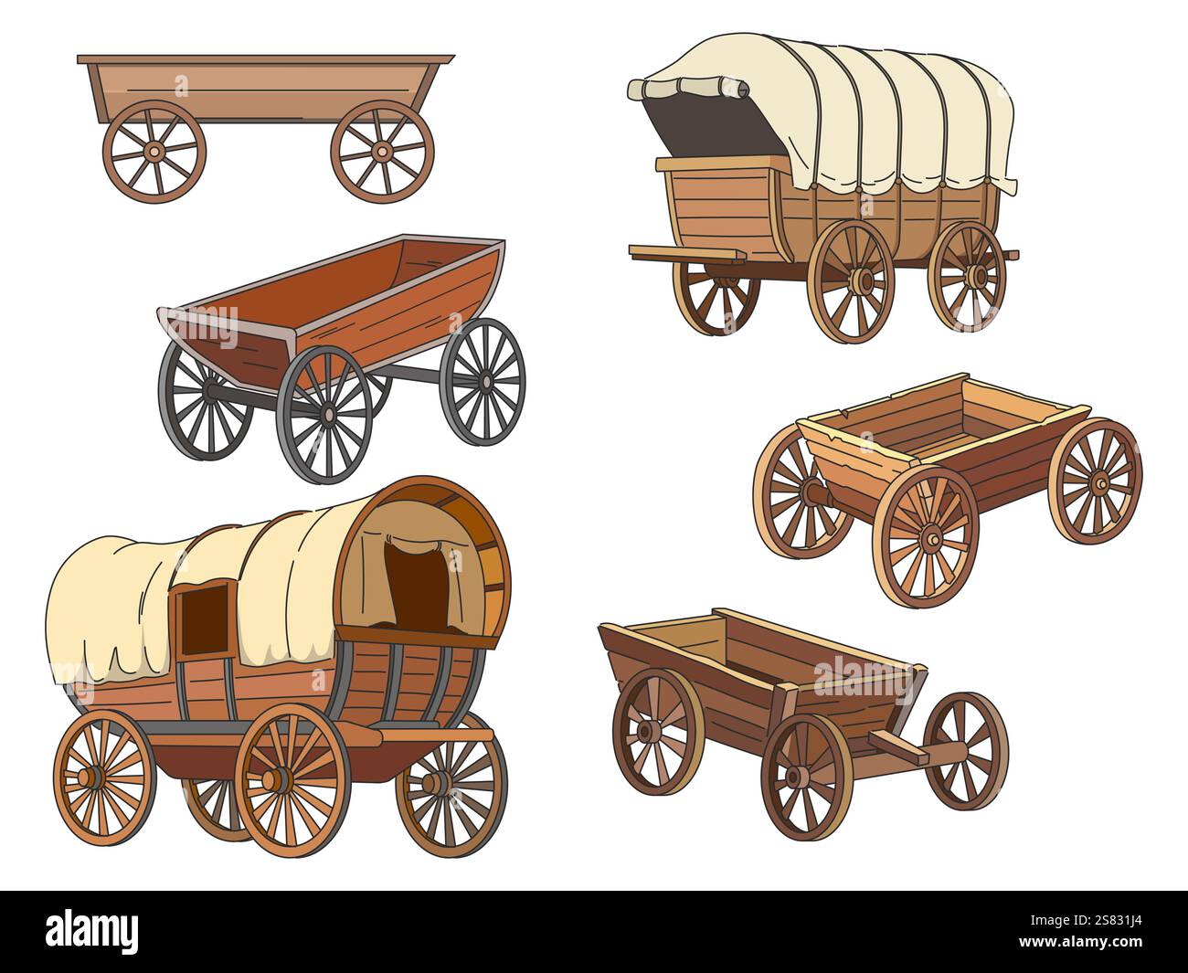 Wooden retro wagons. Farming vintage vehicles, old western carriages ...