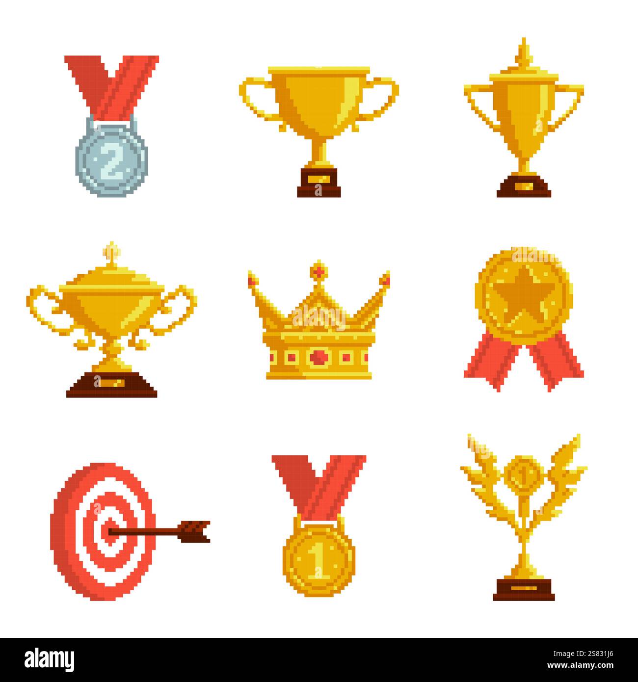 Retro video game pixel golden trophies. Medals, cups, crown and ...