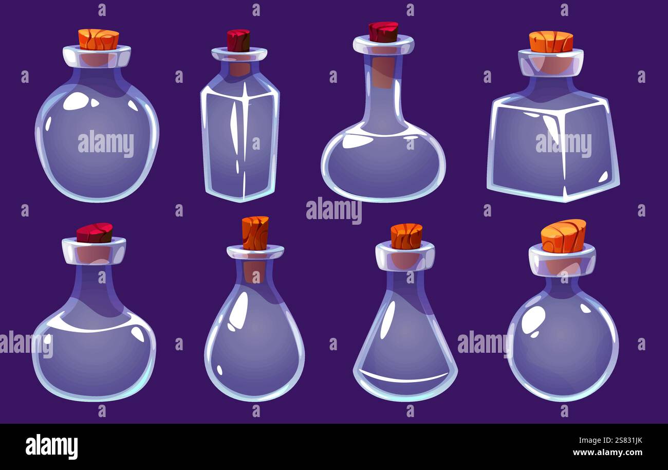 Empty glass bottles with stoppers for magical elixirs. Game ui isolated ...