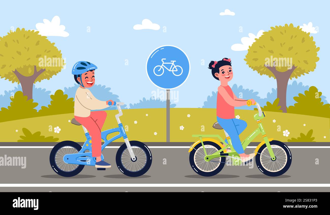 Boy and girl riding bikes on bike path. Children on bicycle on city ...