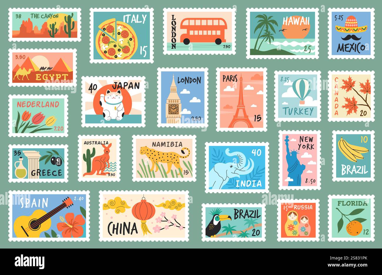 Post stamps. Landscape landmarks architectural objects colorful ...