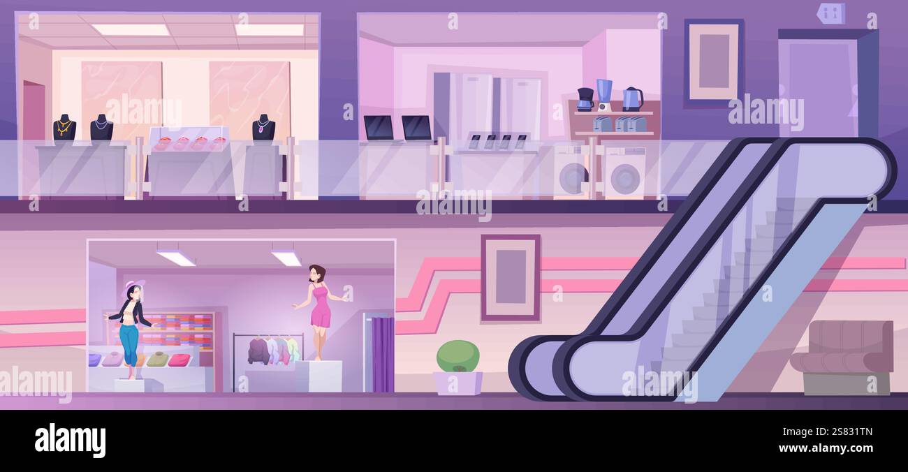 Boutiques interior. Mall backgrounds with boutiques and grocery markets ...