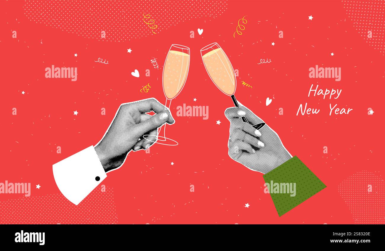 Halftone champagne glasses. Wine glass hand clink with wineglass, two ...