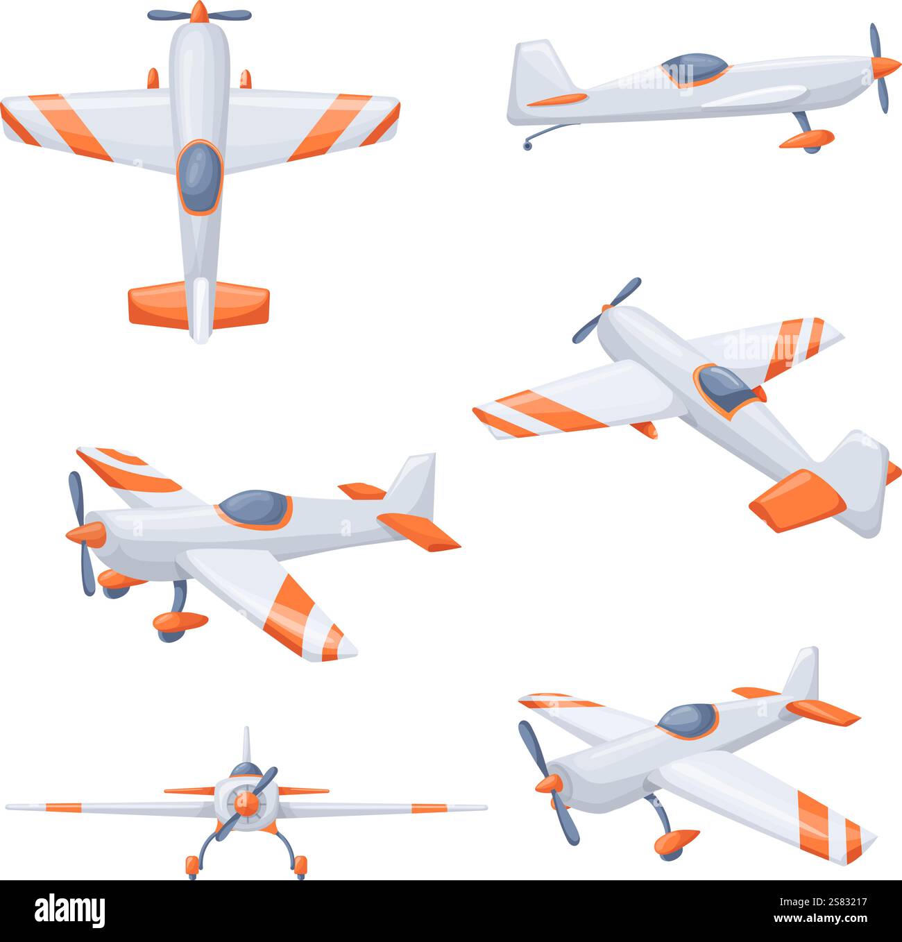 Cartoon propeller planes. Farm airplane front side top view, small ...