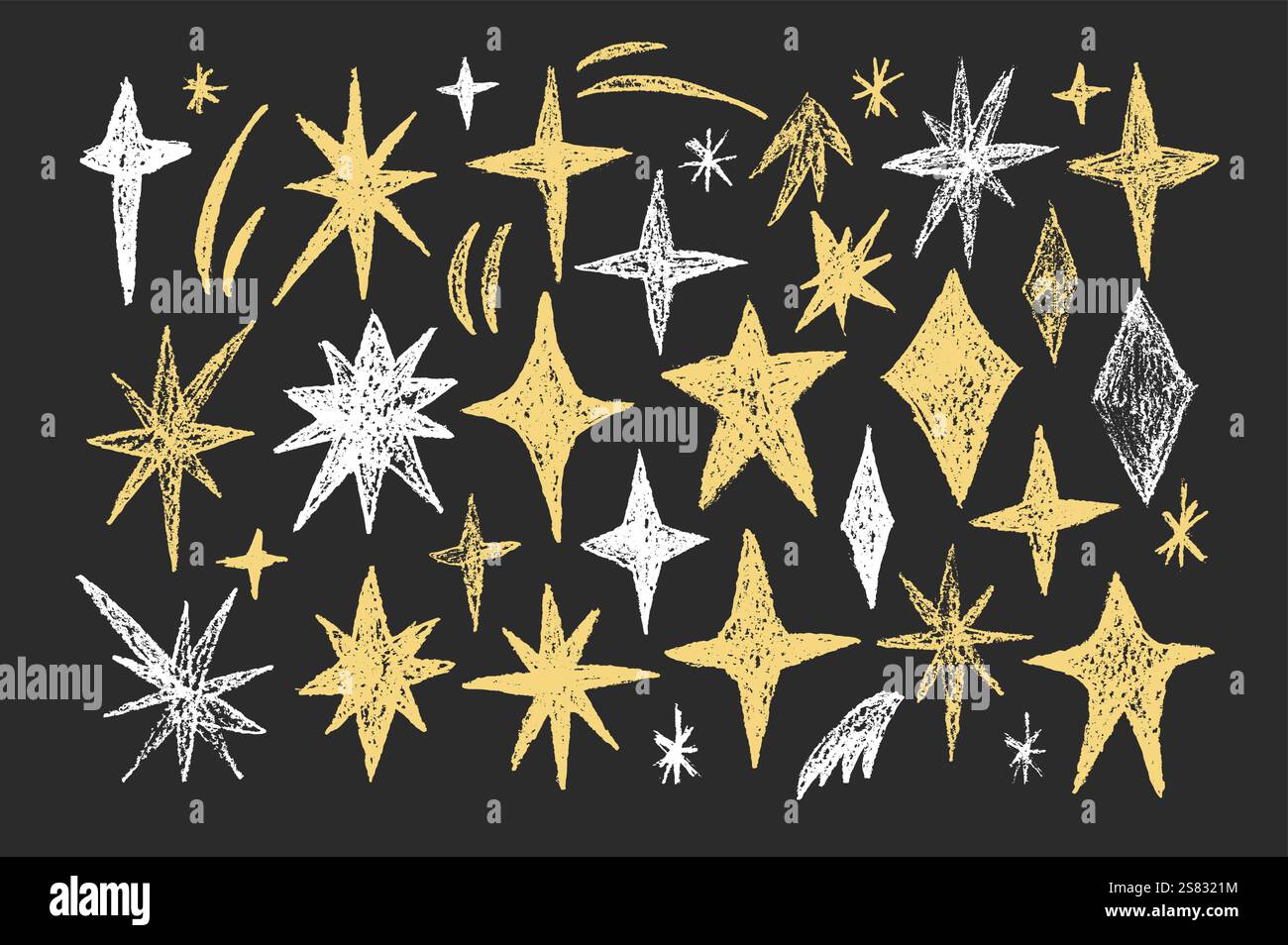 Vector sparkles stars doodle set. Crayon blings pack on chalkboard. Comets and futuristic ...