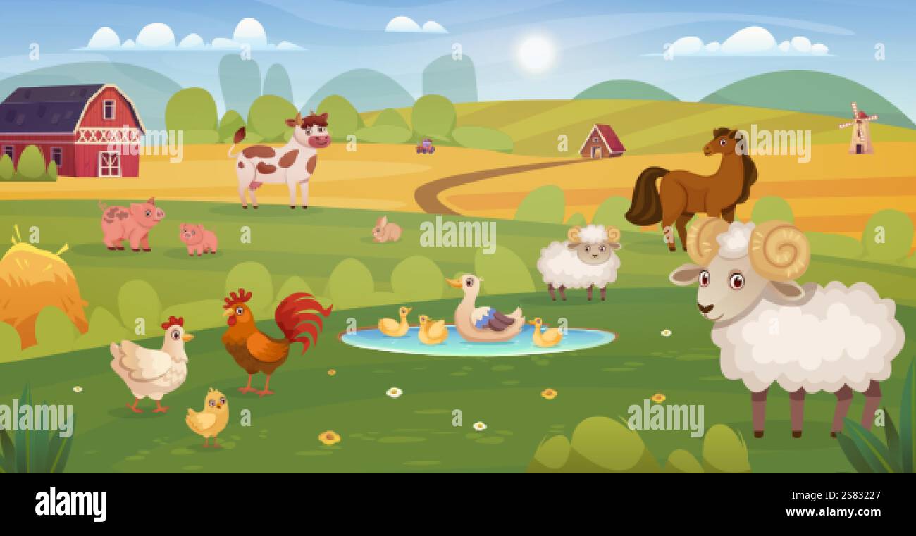 Farm animals yard. Cartoon barnyard scene with walking farming animal ...