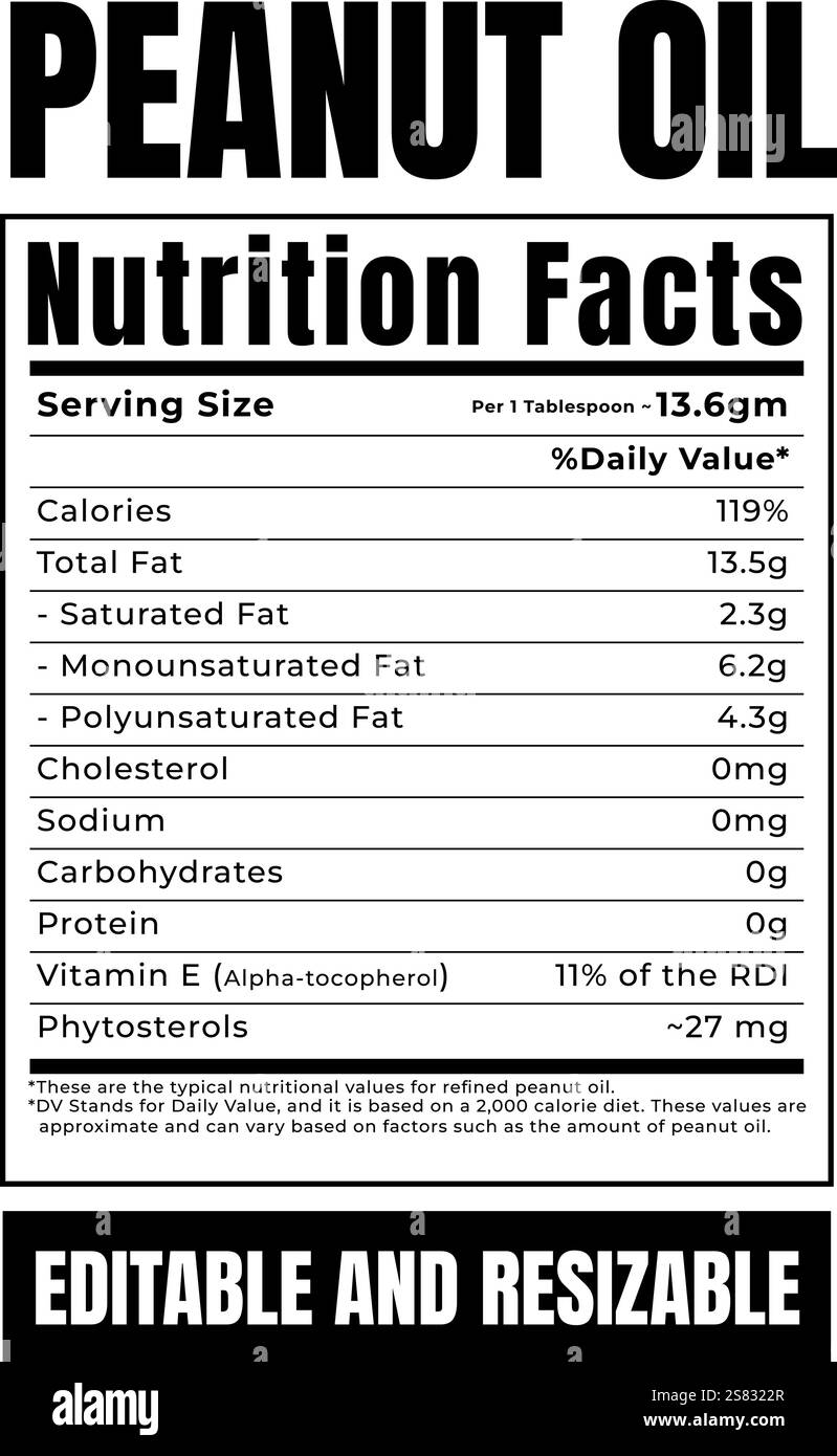 Nutrition facts of Peanut Oil, Peanut Oil Nutrition Facts Label Stock ...