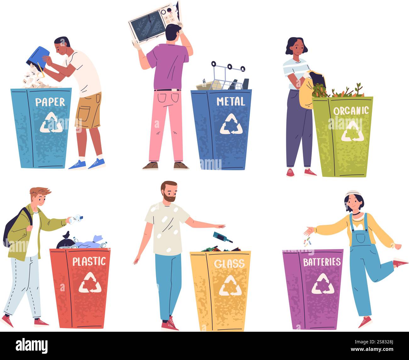 People sorting trash. Man woman throw out garbage in recycling bins, separate waste dustbin ...