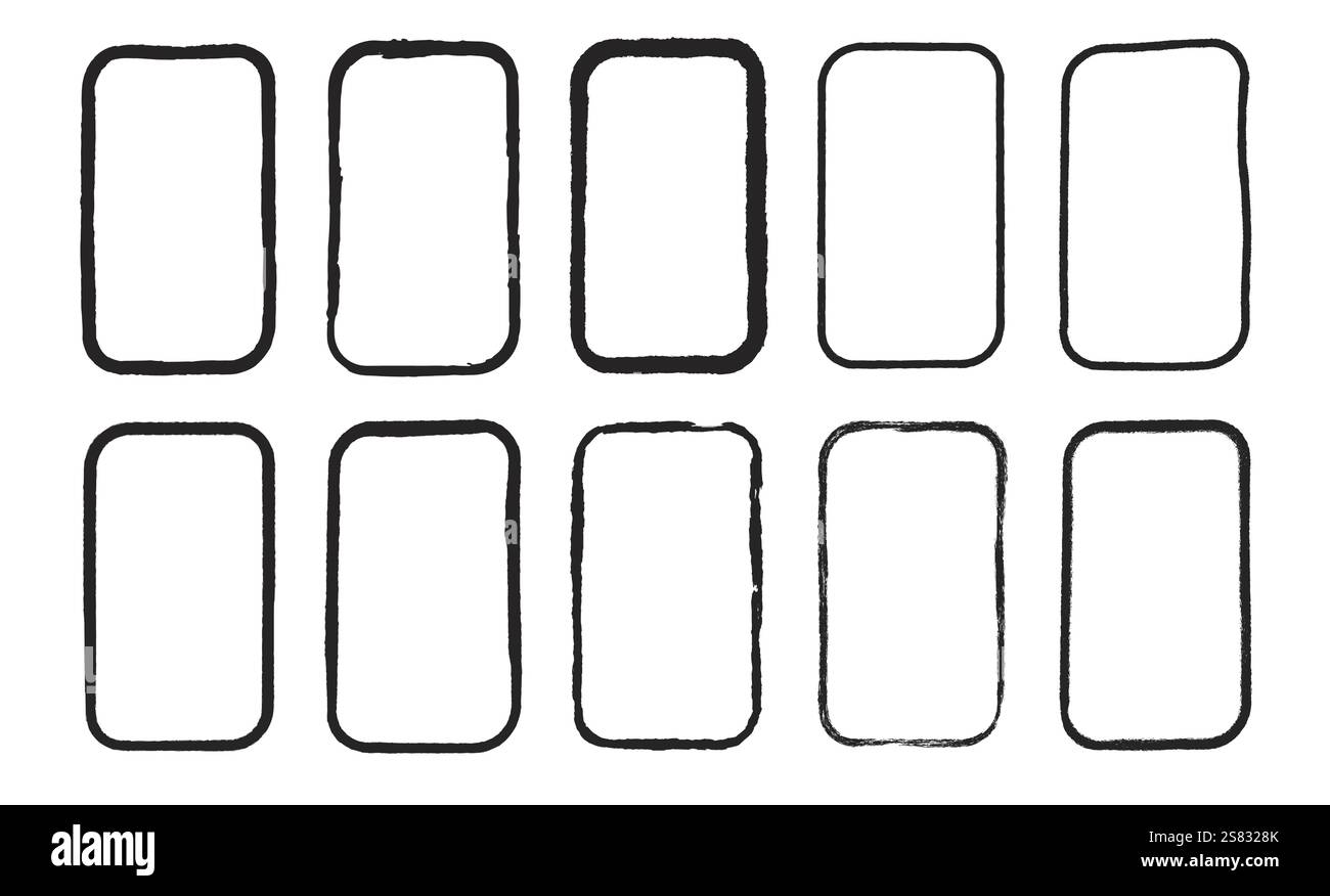 Grunge rectangles with round edges set. Box border square shapes modern black. Vector hand drawn ...