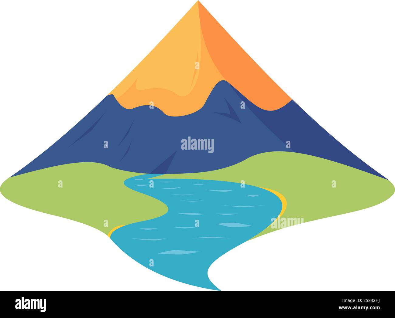 Stylized mountain landscape with flowing river, featuring natural and ...