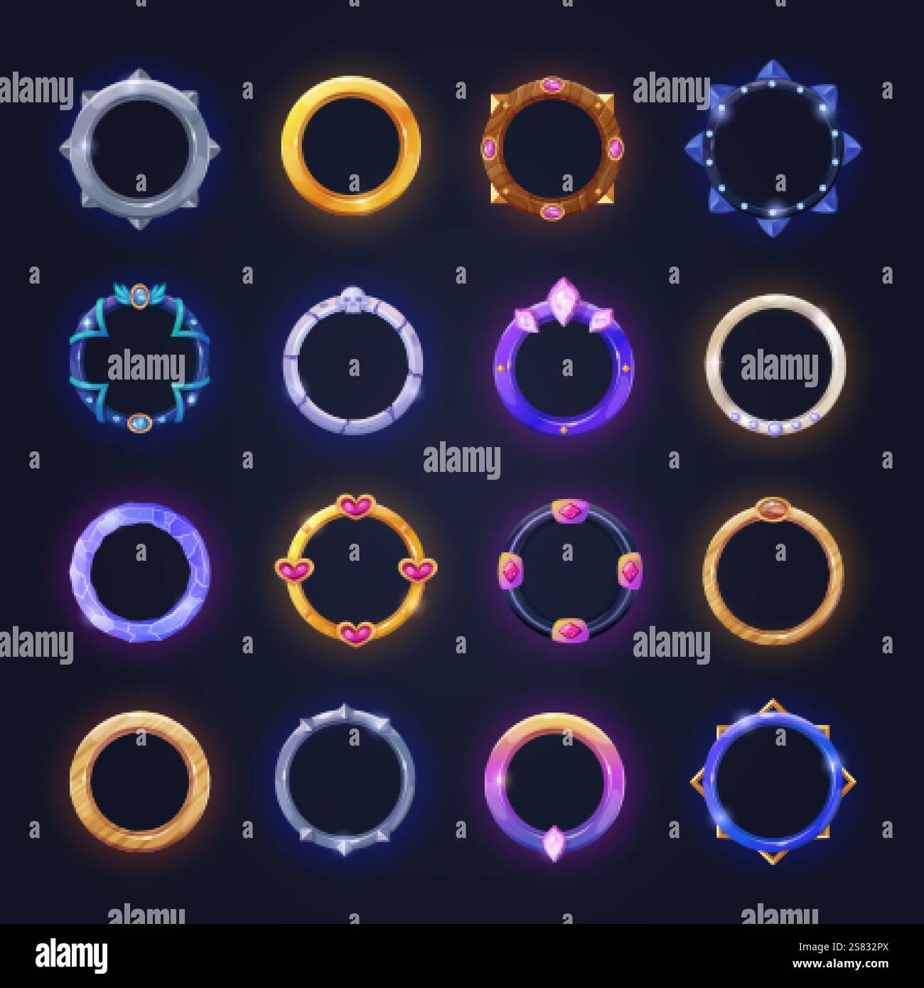 Game avatar frames. Gaming interface metal rim, circle frame golden ...