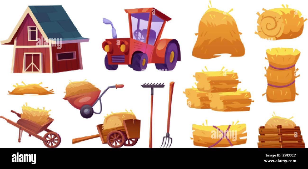 Cartoon hay farming. Farm equipment, agriculture rural village elements ...