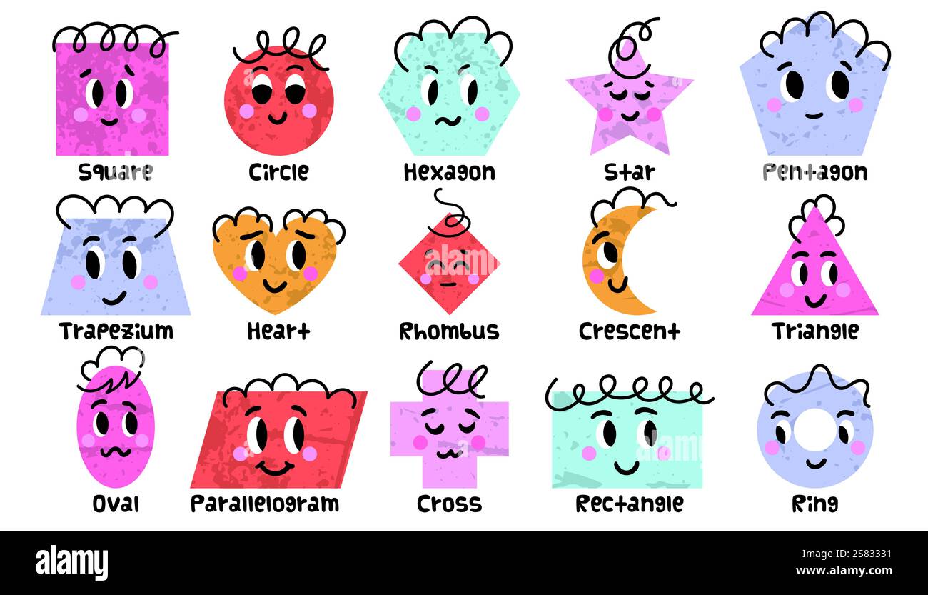 Set of cartoon basic geometric shapes with face smiling. Funny shapes ... Set of cartoon basic geometric shapes with face smiling. Funny shapes ...