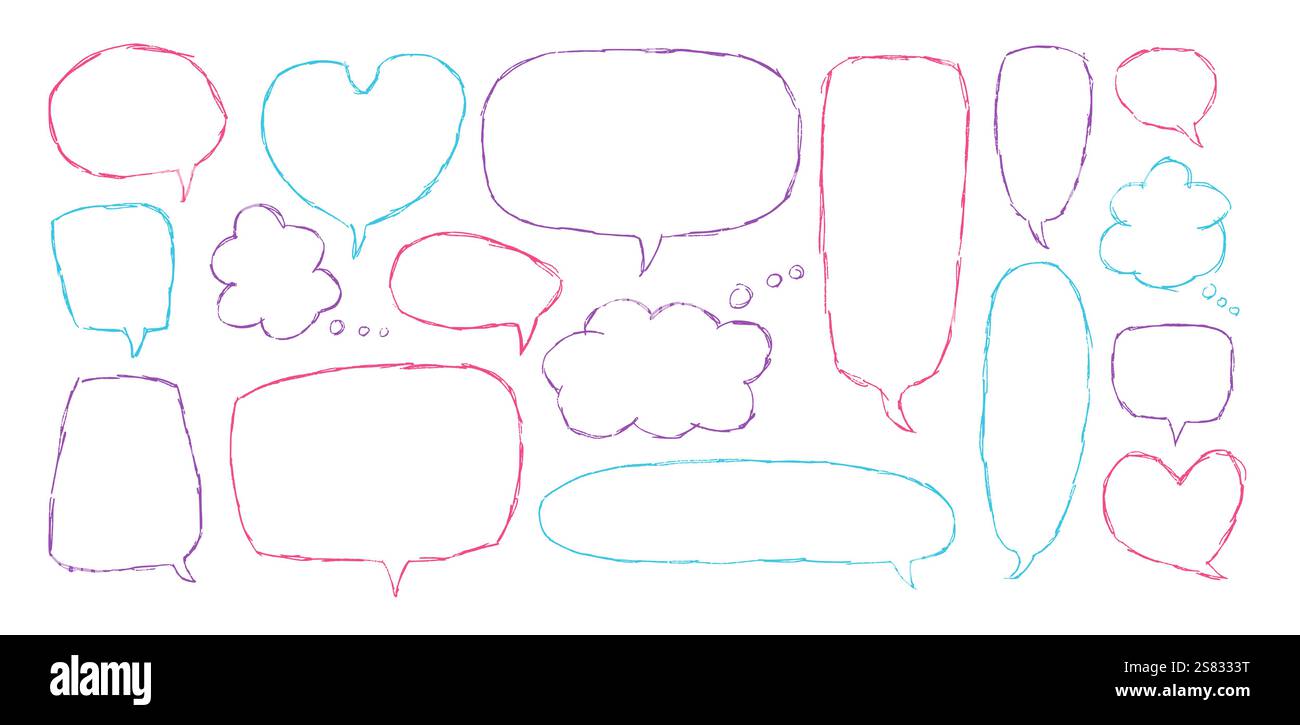 Speech bubbles set. Crayon doodle text outline frames. Chat dialog ...